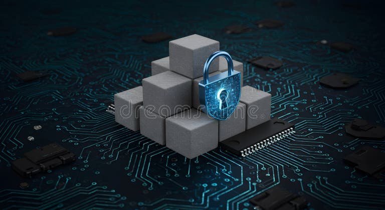 Cybersecurity Lock on Data Blocks Circuit Board Stock Illustration ...