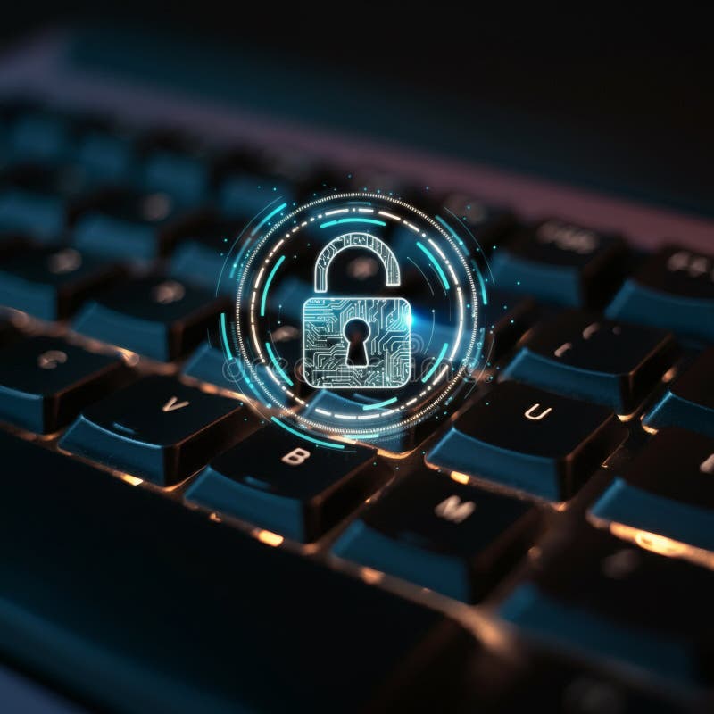 Cybersecurity Lock Icon Glowing on Computer Keyboard, Data Protection ...