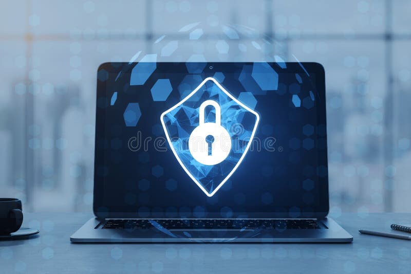 Cybersecurity Lock Icon on a Laptop Screen with Holographic Effect ...