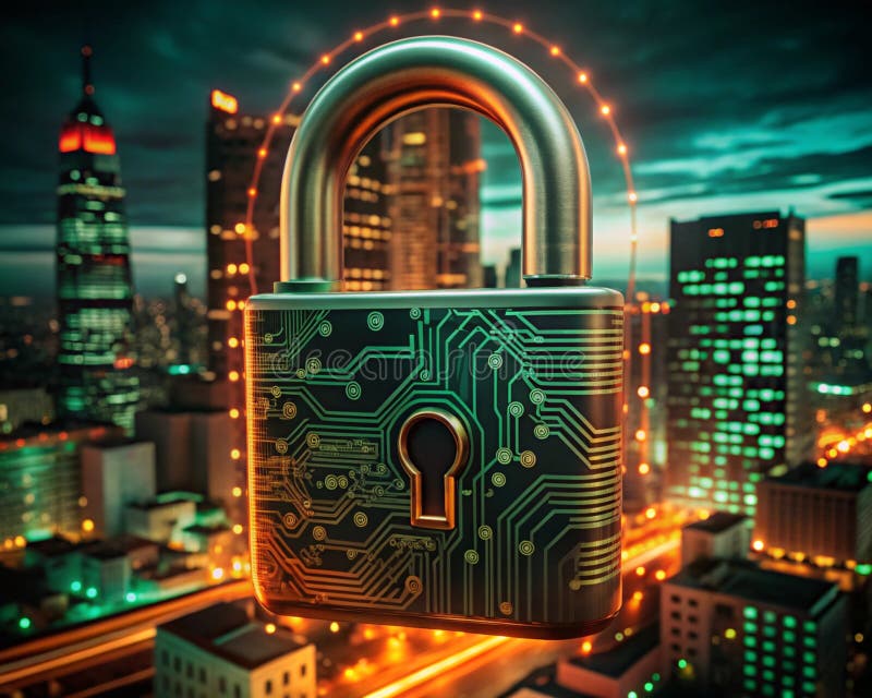 Cybersecurity Lock in Neon Cityscape Generative Ai Stock Illustration ...