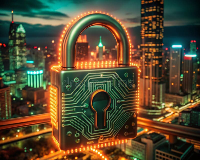 Cybersecurity Lock in Neon Cityscape Generative Ai Stock Illustration ...