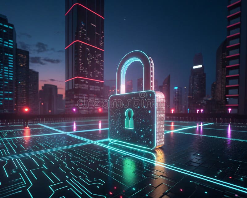 Cybersecurity Lock in Neon Cityscape Generative Ai Stock Illustration ...