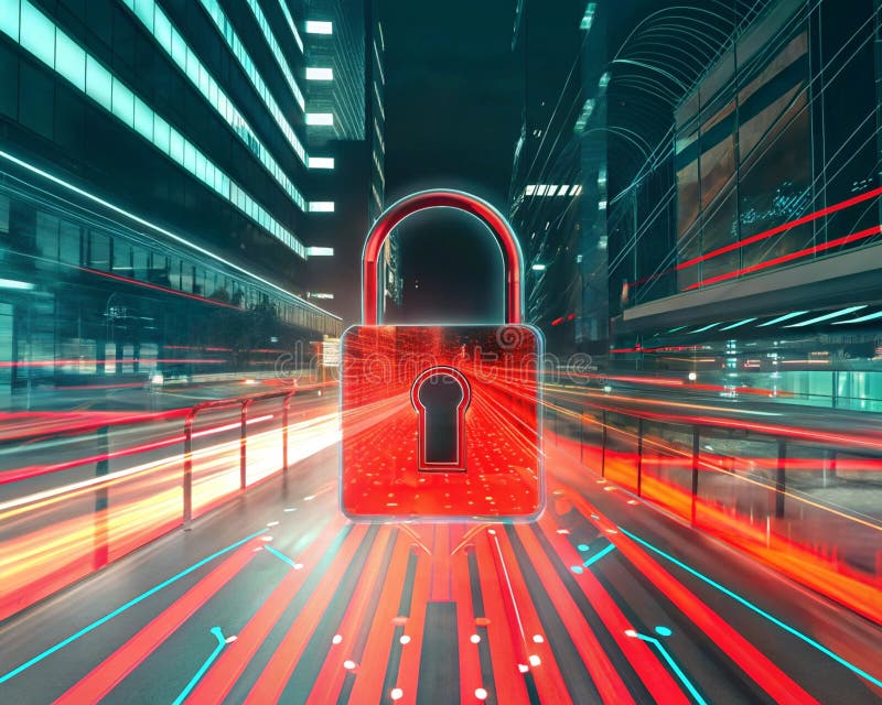 Cybersecurity Lock in Neon Cityscape Generative Ai Stock Illustration ...