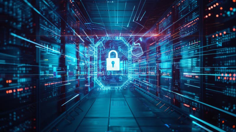 Cybersecurity Lock Symbol Inside Data Center Corridor Stock Image ...