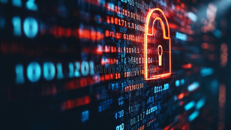 Cybersecurity Lock Symbol Over Digital Binary Data Background Stock Image - Image of protection ...