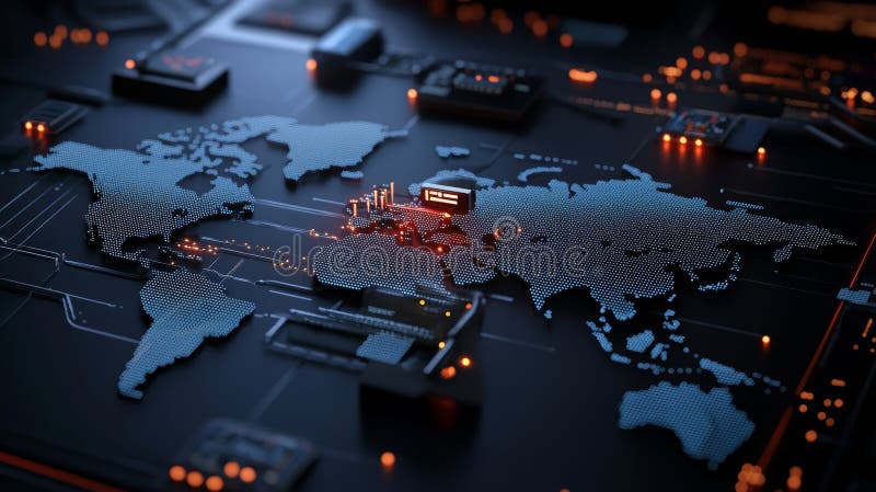 Cybersecurity Map Visualizing Cyberattacks with Glowing Red Lines and ...