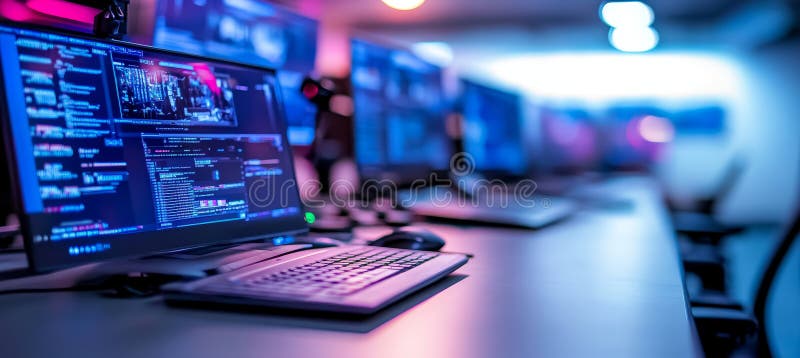 Cybersecurity Monitoring Center, Multiple Computer Screens Showing Code and Data Analysis Stock ...
