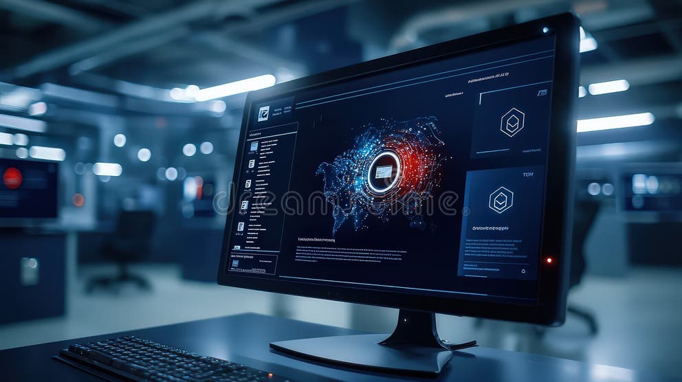 Cybersecurity Monitoring Dashboard High-tech Office Digital Interface Dark Environment Front ...