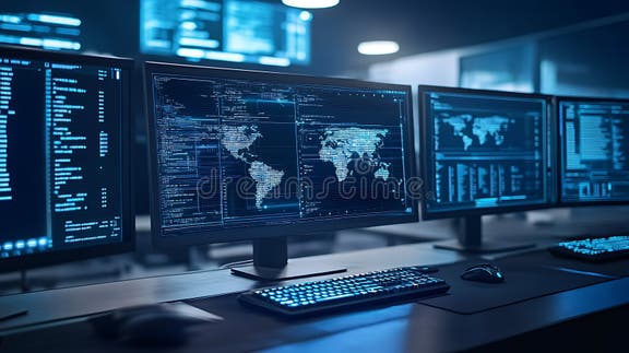 Cybersecurity Monitoring Station with World Map Data Analysis on Multiple Computer Screens Setup ...