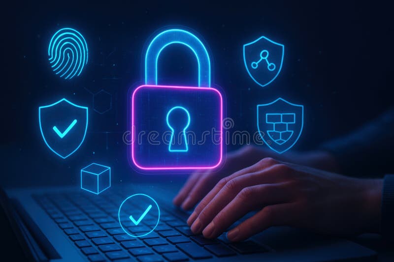 Cybersecurity: Neon Glowing Padlock, Data Protection, Digital Privacy, Secure Online ...