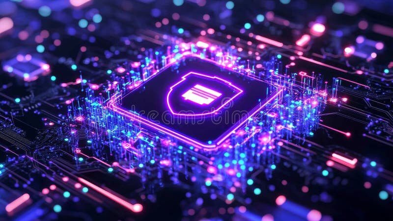 Cybersecurity Neon Shield on a Circuit Board - Digital Illustration ...