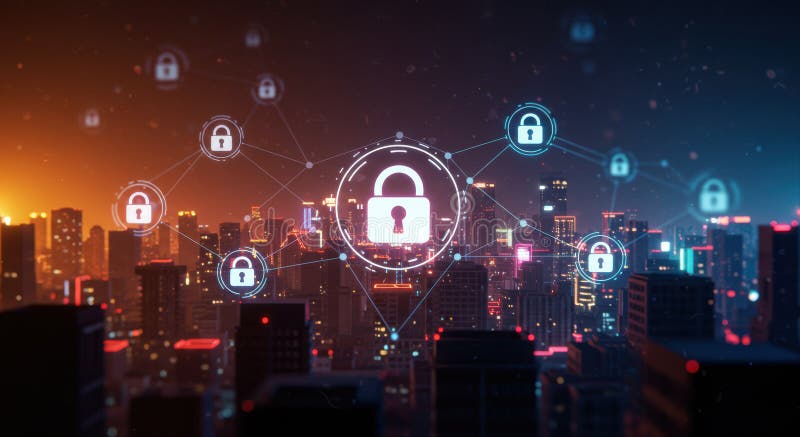 Cybersecurity Network Connecting Over a Vibrant Cityscape at Twilight ...