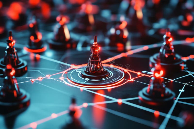 Cybersecurity Network with Glowing Nodes and Central Tower, Digital ...