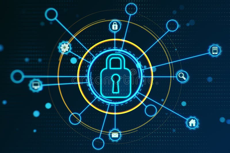 Cybersecurity Network Protection with Central Lock Icon on Blue ...