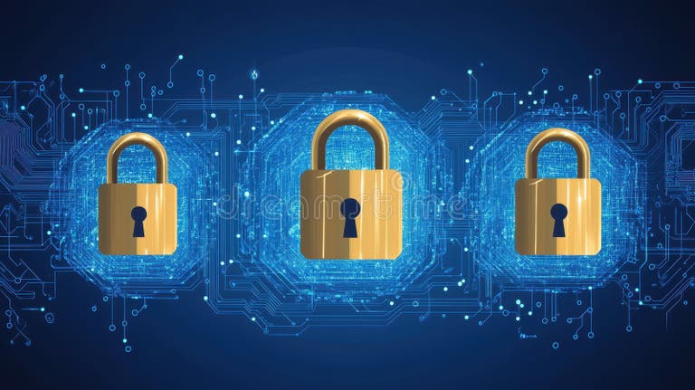 Cybersecurity Network Secure Digital Data with Three Padlocks on a Blue ...