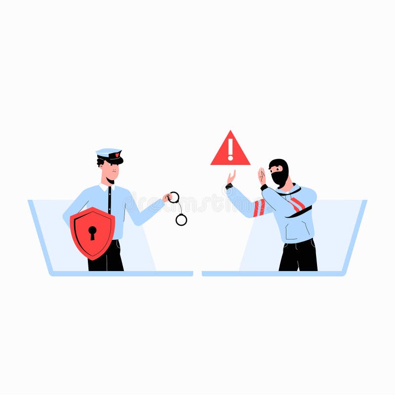 Cybersecurity Officer Confronting Hacker in Flat Vector Illustration ...