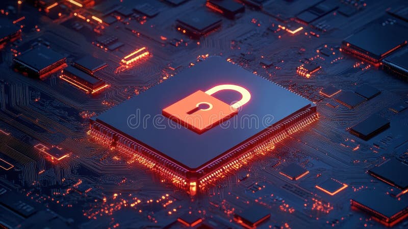 Cybersecurity Orange Padlock Illuminated Circuit Board Symbolizing Data Encryption Safety Stock ...