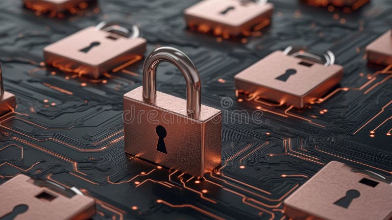 Cybersecurity Padlock Protecting Circuit Board, Ensuring Data Encryption, Network Security, and ...