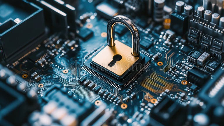 Cybersecurity Padlock Securing a Computer Circuit Board - Protecting ...