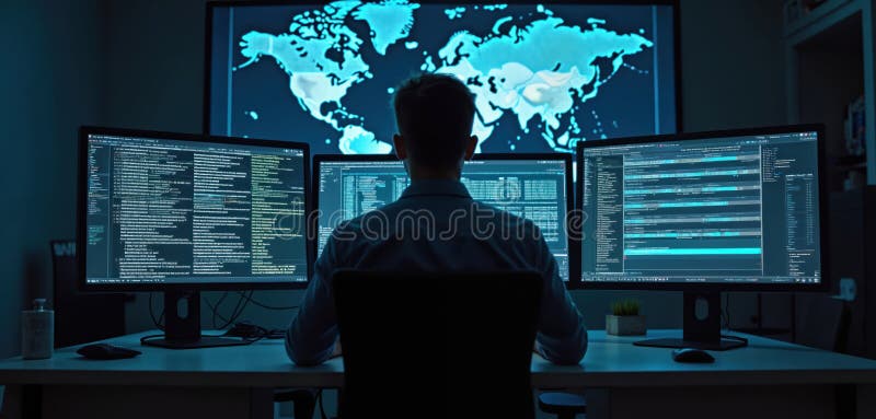 Cybersecurity Pro Works on Multiple Monitors Displaying Code. Software Engineer Tracing Cyber ...