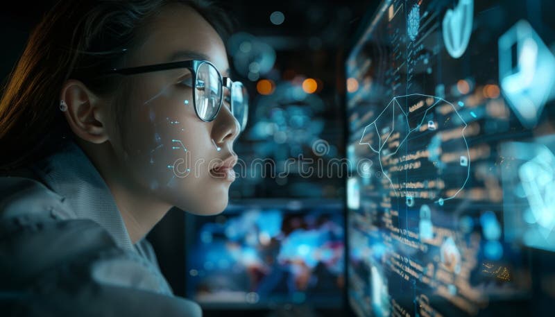 Cybersecurity Professional Analyzing Data on Computer Screen Stock ...