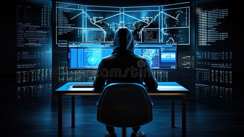 Cybersecurity Professional at Desk with Code Screen Stock Illustration ...