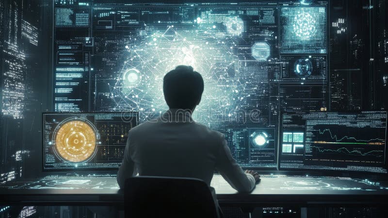 A Cybersecurity Professional Monitors a Network of Monitors Displaying ...