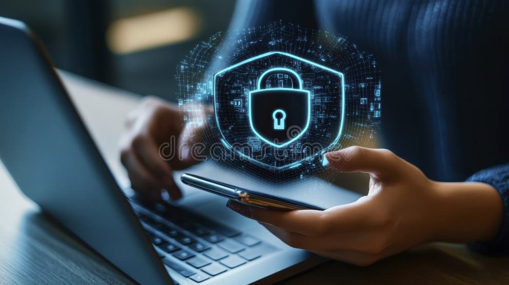 Cybersecurity Professional Using Smartphone with Digital Lock Icon and ...