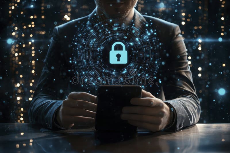 Cybersecurity Professional Using Smartphone with Digital Lock Icon and ...