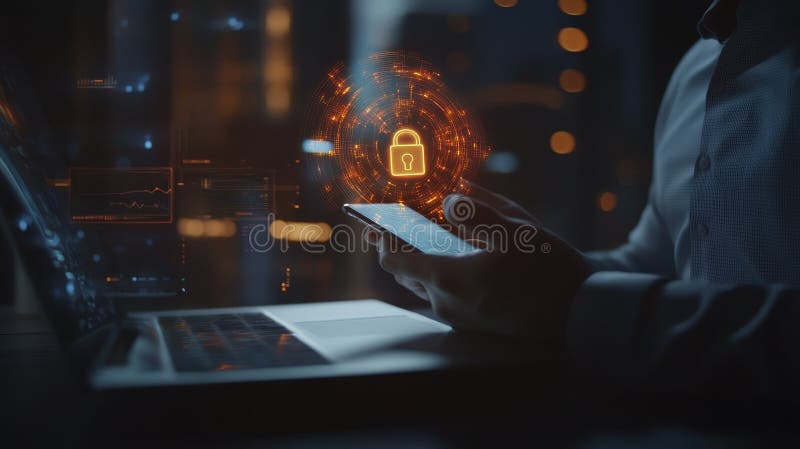 Cybersecurity Professional Using Smartphone with Digital Lock Icon and ...