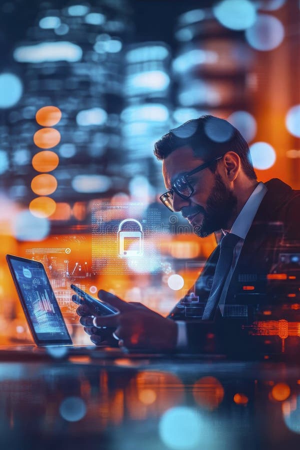 Cybersecurity Professional Using Smartphone with Digital Lock Icon and ...