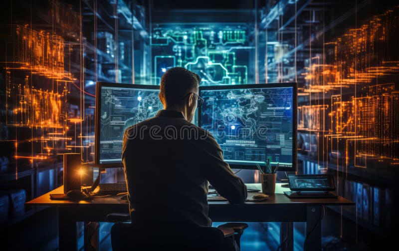 Cybersecurity Professional Working Inside a High-tech Server Room with Immersive Interface ...