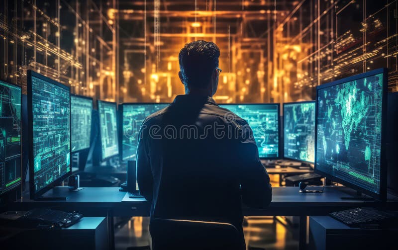 Cybersecurity Professional Working Inside a High-tech Server Room with ...