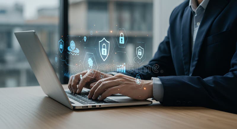 Cybersecurity Professional Working on Laptop, Data Protection & Network ...