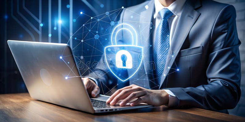 Cybersecurity Professional Securing Data with Laptop and Digital ...