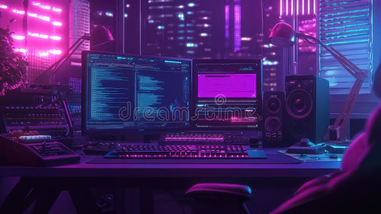 Cybersecurity Programmer Coding Work Desk at Night Stock Photo - Image ...