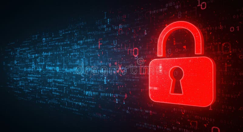 Cybersecurity Red Lock Symbol on Digital Binary Code Background Stock ...