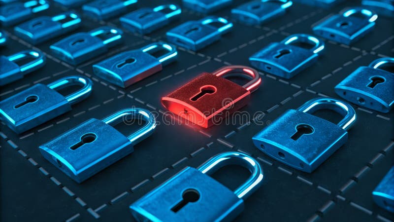 Cybersecurity Red Padlock among Blue, 3D Render, Data Security, Network ...