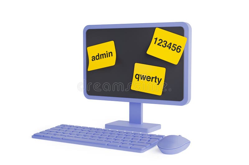 Cybersecurity Risk from Weak Passwords. Computer Monitor with Sticky ...