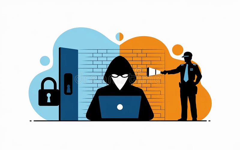 Cybersecurity Scene Featuring a Hacker and a Security Officer with a ...