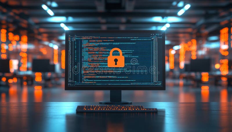 Cybersecurity. Secure Computer with Lock Icon and Program Code on the ...