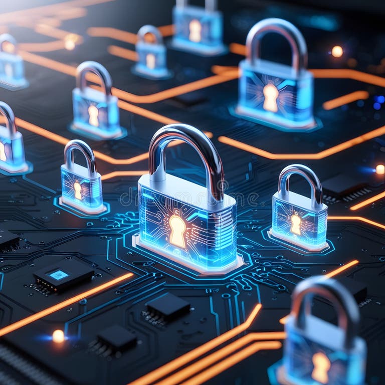 Cybersecurity Service Concept of Motherboard and Padlocks Representing ...