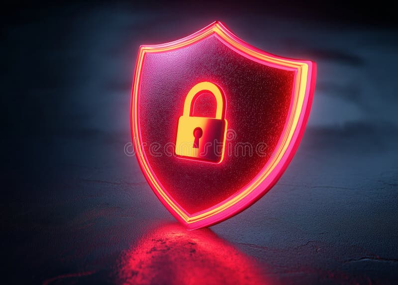 Cybersecurity Shield Digital Protection Concept Red Neon Glowing Lock ...