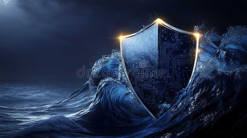 Cybersecurity Shield Emerging from Ocean Waves at Night Stock Photo ...