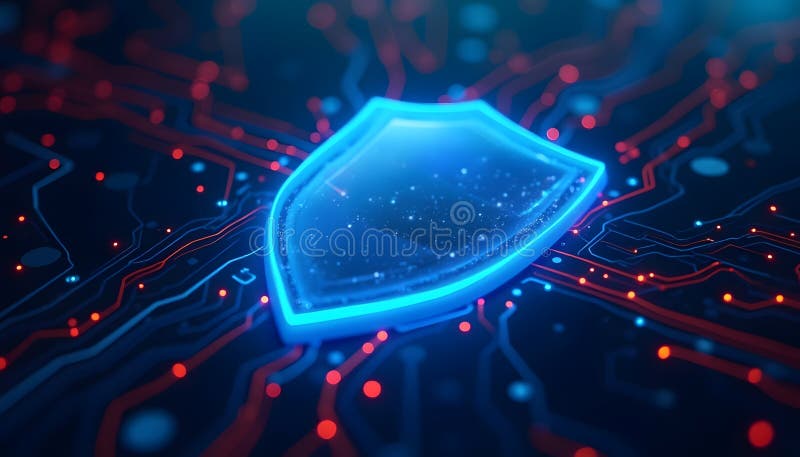 Cybersecurity Shield: Glowing Neon Protection on Circuit Board Stock ...
