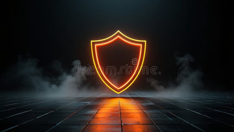 Cybersecurity Shield Glowing Neon Protection on Dark Tiled Floor with ...