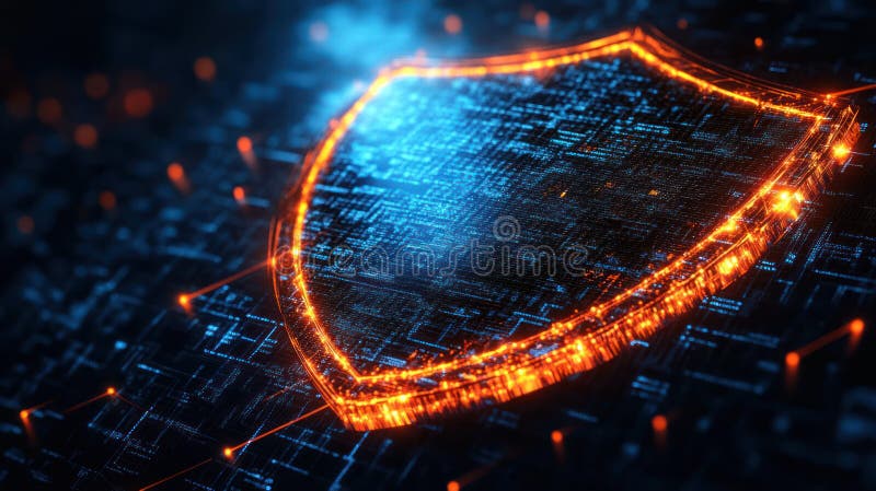 Cybersecurity Shield Glowing with Orange Light on Digital Circuit Board ...