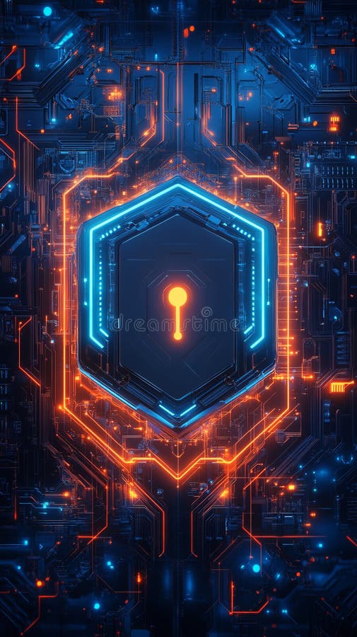 Cybersecurity Shield Icon Glowing within Complex Circuit Design Stock Illustration ...
