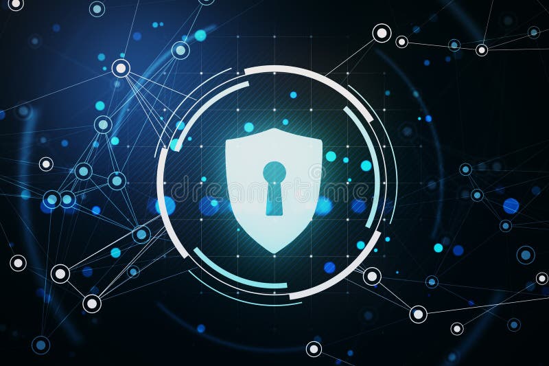 Cybersecurity Shield Icon Surrounded by Digital Network Connections and Glowing Blue Data Nodes ...