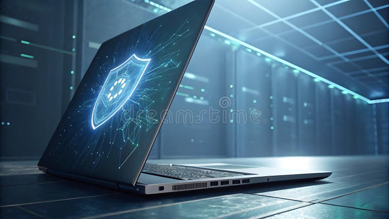 Cybersecurity Shield on Laptop Screen in Futuristic Data Center for ...